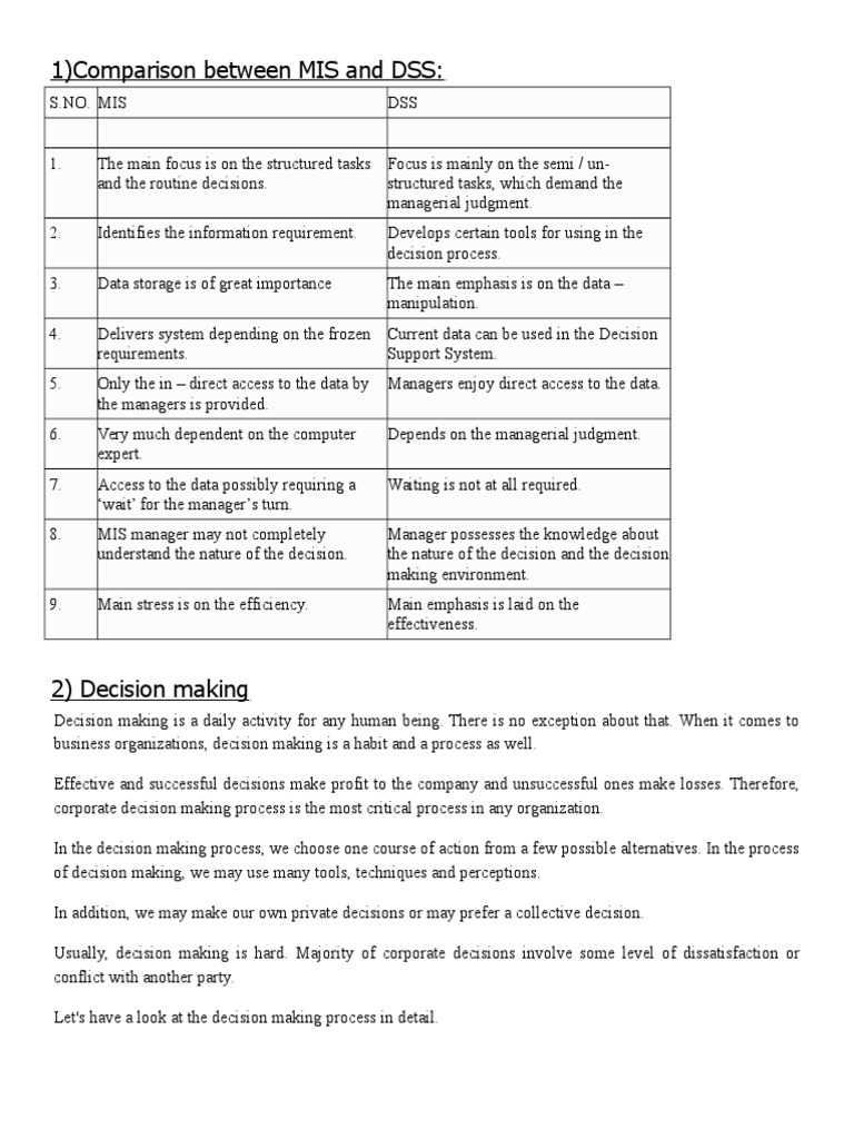 1 Comparison Between Mis And Dss Pdf Decision Making Data 0745