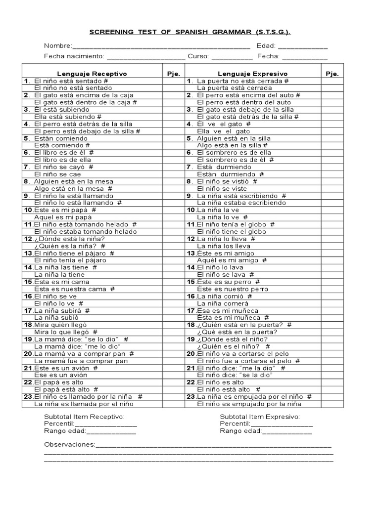 Test de Screening de Gramática Española | PDF | Artes del Lenguaje y ...