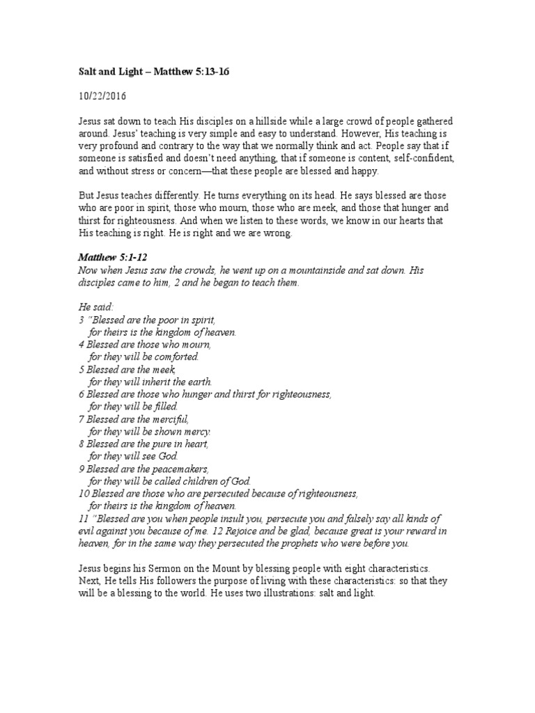 Salt and Light - Matthew 5:13-16 (Sermon) | PDF | Gospel Of Matthew | Jesus