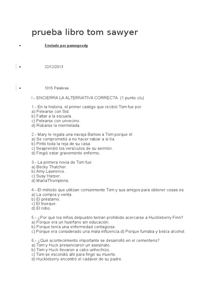 Prueba Tom Sawyer | PDF | Las aventuras de Tom Sawyer
