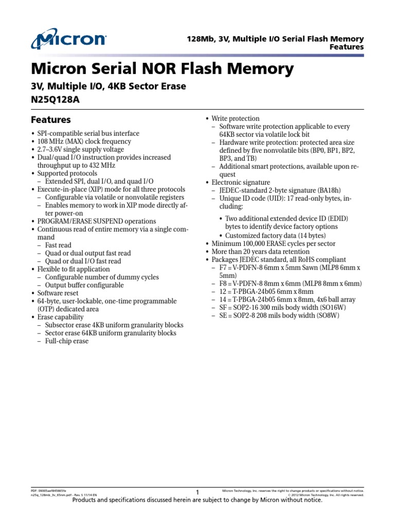 Micron Serial NOR Flash Memory: 3V, Multiple I/O, 4KB Sector Erase N25Q128A Features | PDF ...