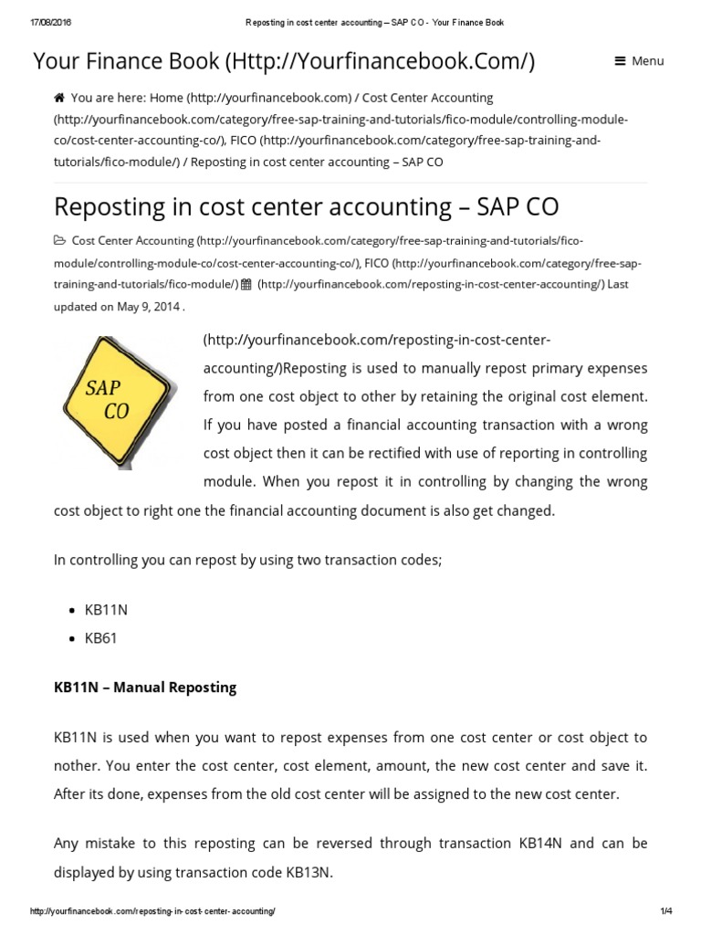 Reposting in Cost Center Accounting - SAP CO - Your Finance Book | PDF ...
