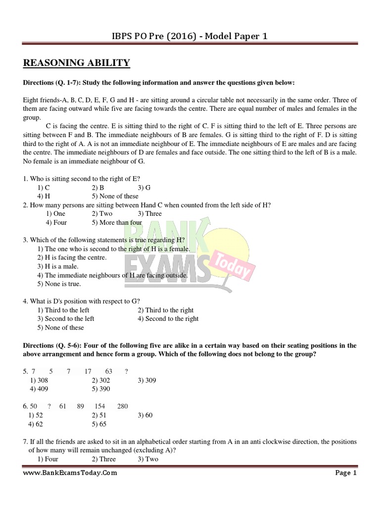 IBPS PO 2016 Reasoning Model Paper | PDF