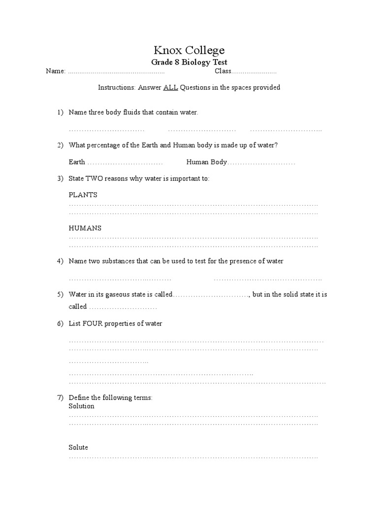 Grade 8 Bio 1st Test | PDF