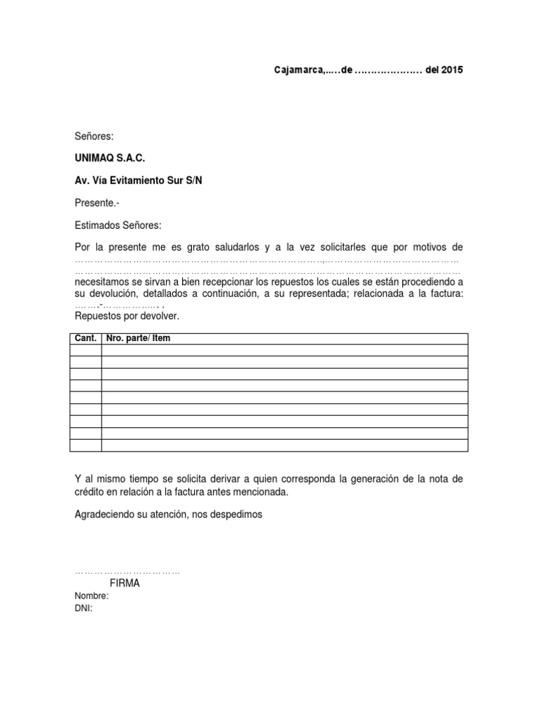 Formato Carta Devolucion Repuestos | PDF