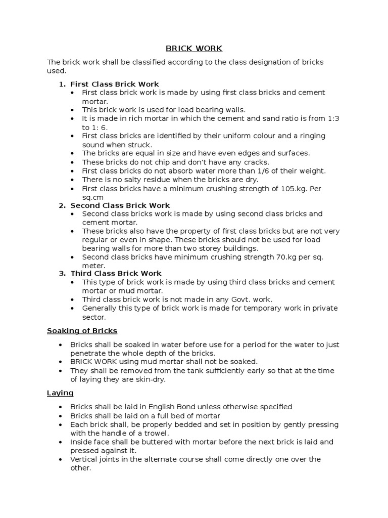 Brick Work Specifications and Classifications | PDF | Brick ...