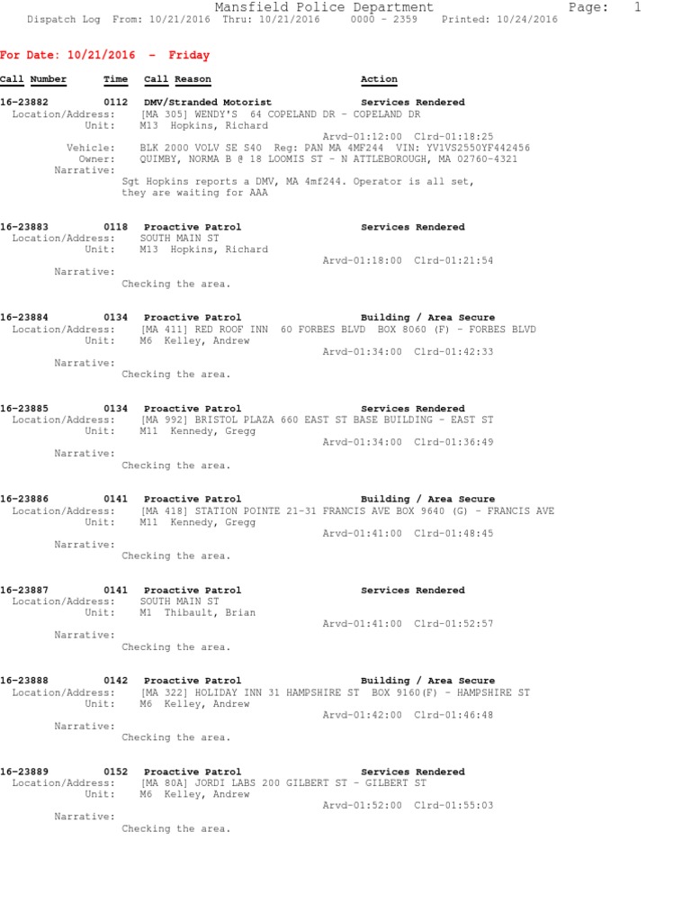 Mansfield Police Dispatch Log 10/21/2016 | PDF | Transport