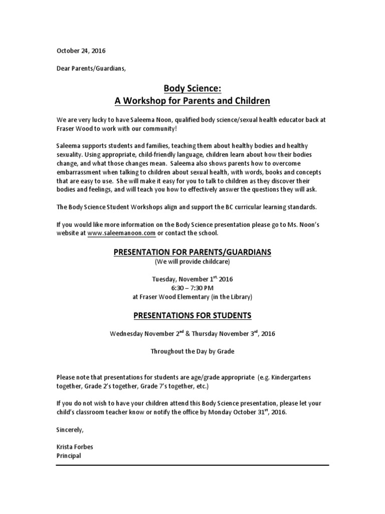 Saleema Noon Body Science Parent Notice Oct 2016 | PDF | Self ...