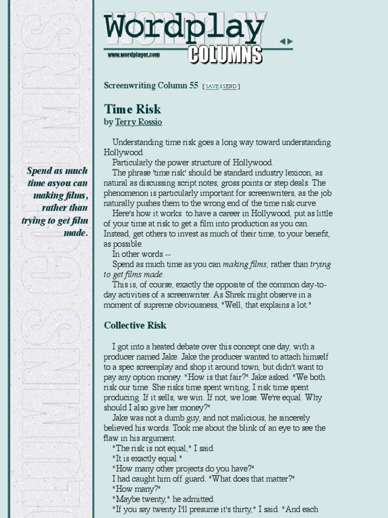 Time Risk by Terry Rossio | PDF | Screenwriter | Screenplay