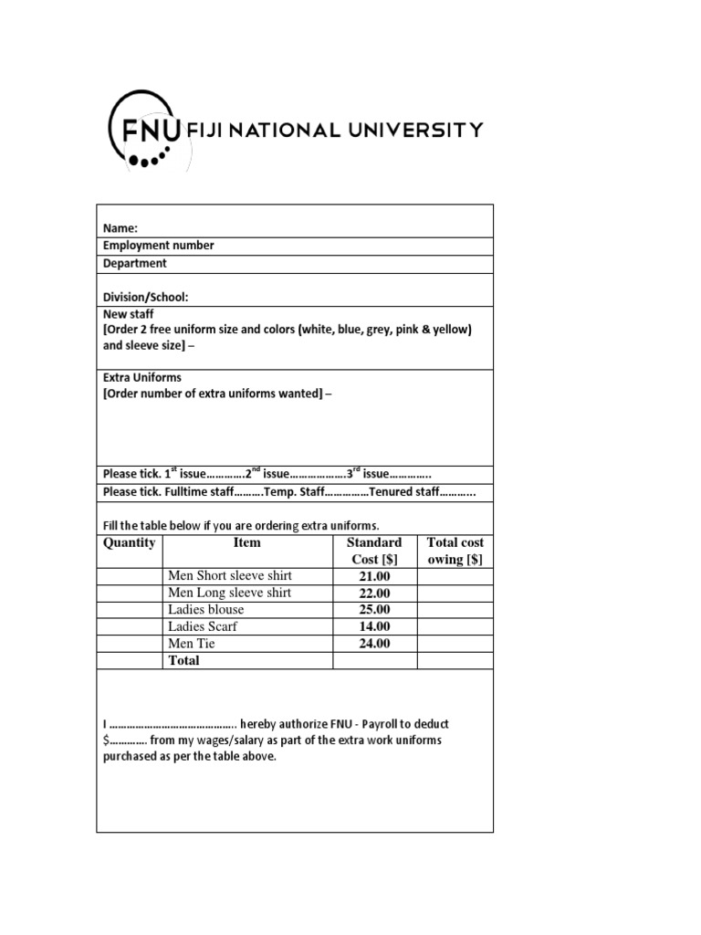 Employee Uniform Order Form Template | PDF
