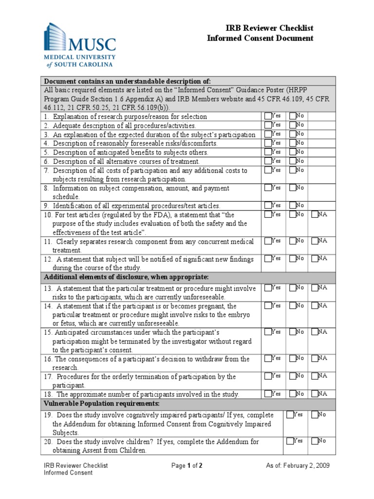 IRB Informed Consent Checklist | PDF | Informed Consent | Institutional ...