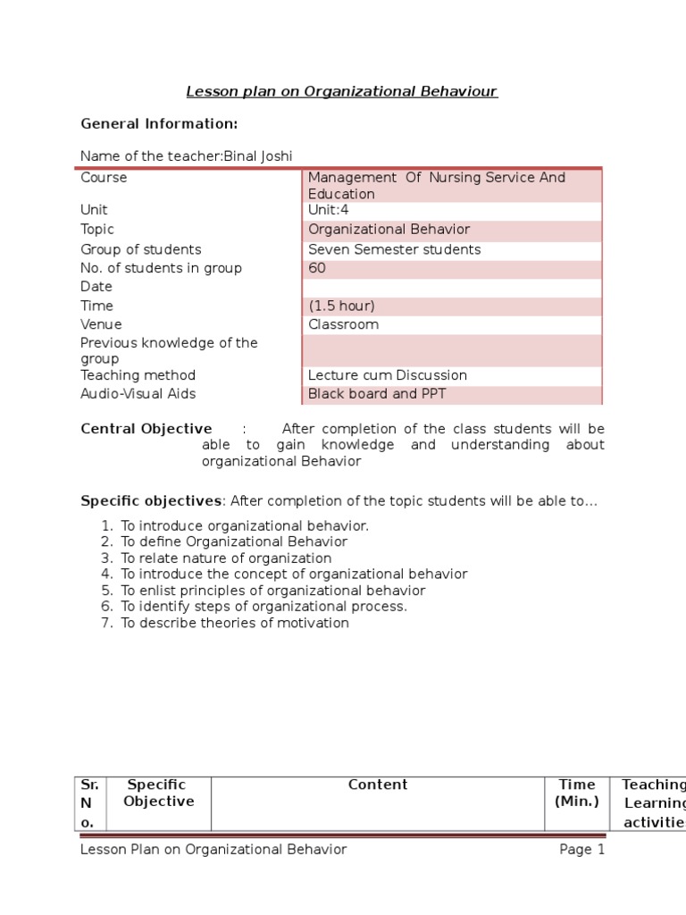 Lesson plan on organizational behavior principles | PDF | Leadership | Goal