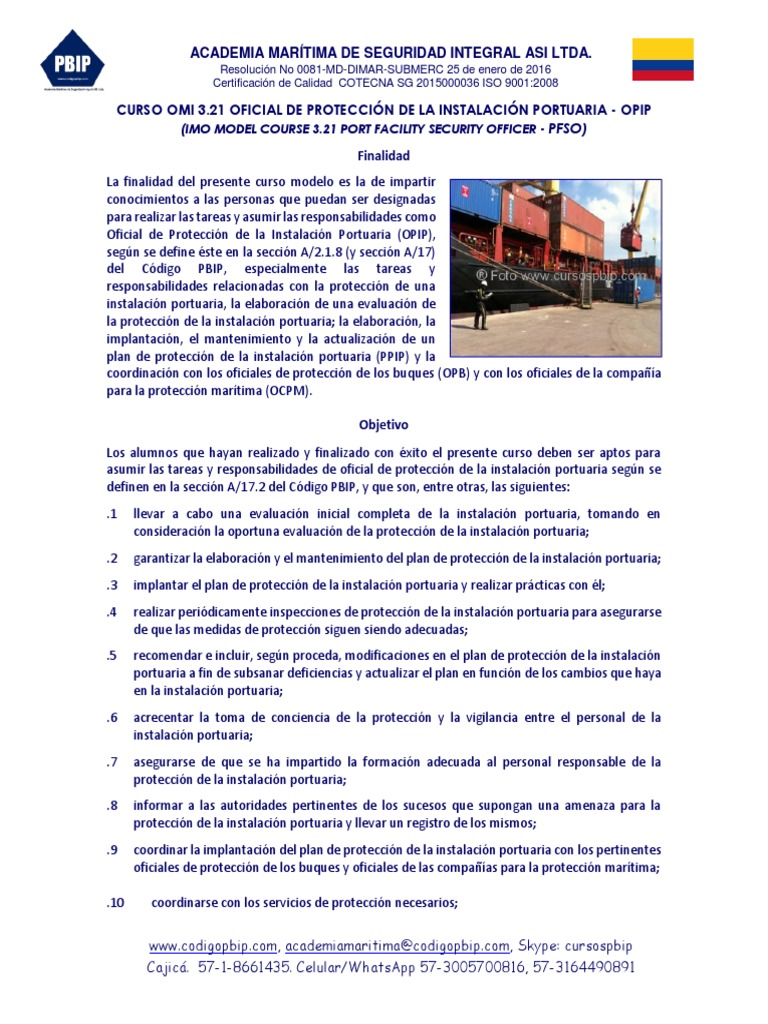 Curso OMI 3.21 Oficial de Protección de la Instalación Portuaria - OPIP ...
