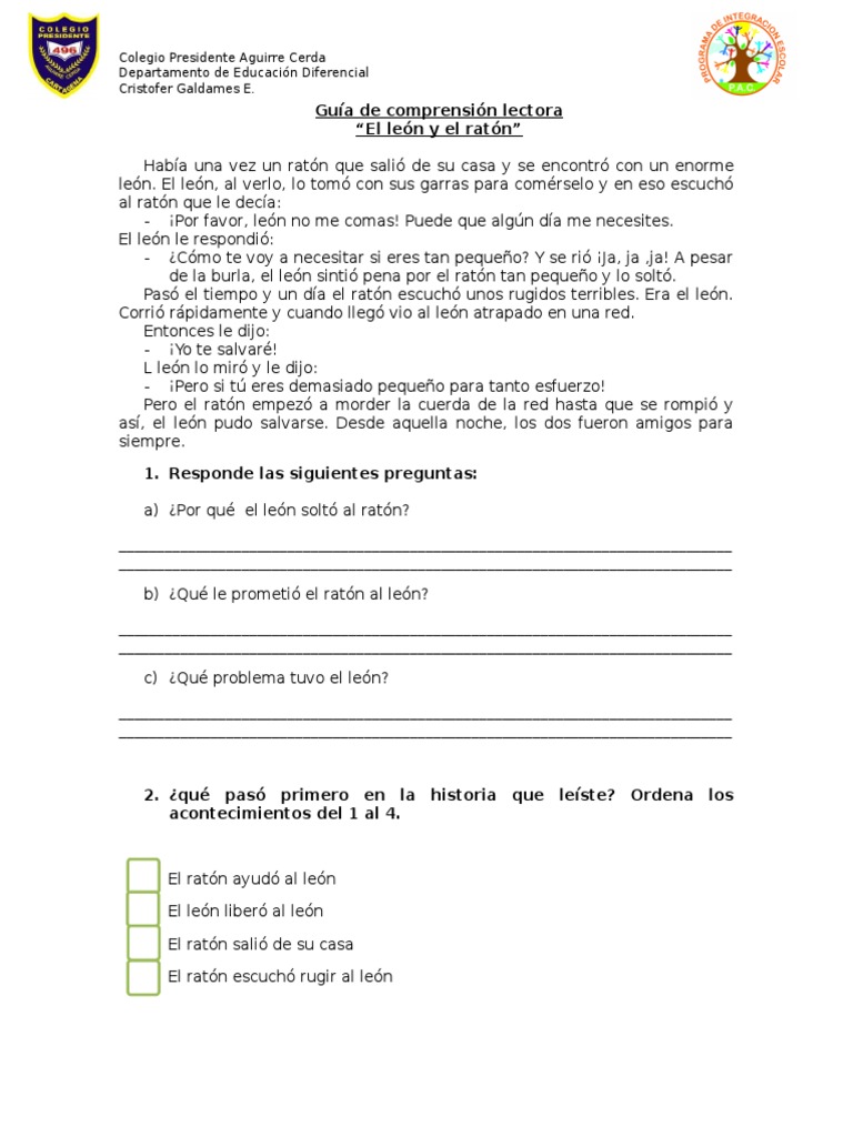 Guía de Comprensión Lectora Fábula El Leon y El Raton | PDF