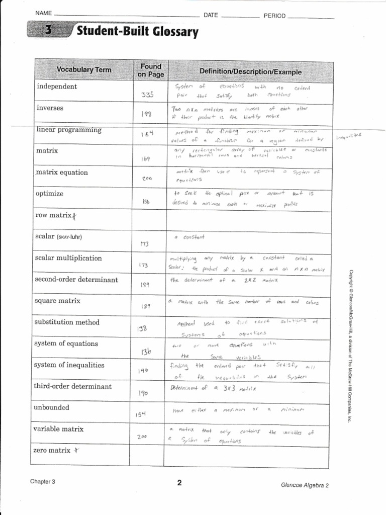 Student Built Glossary Chapter 3 Pages 1&2 Glencoe Algebra 2 | PDF ...