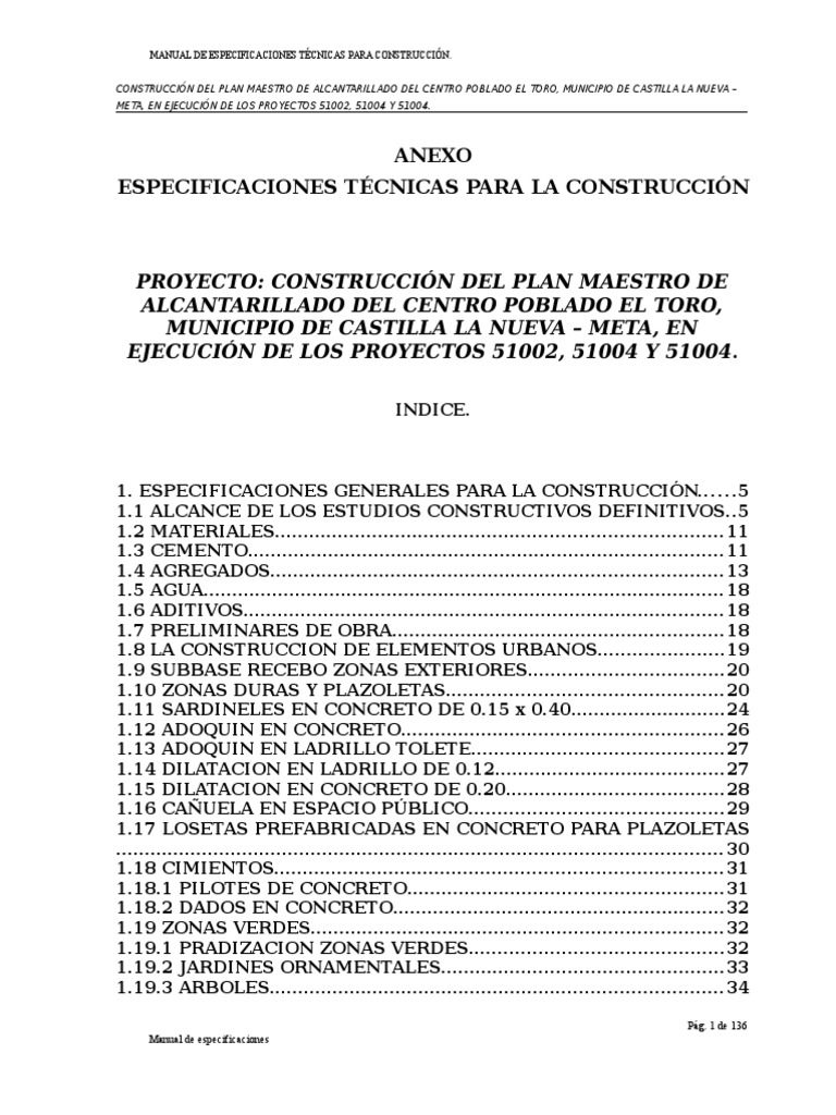 Especificaciones técnicas completas para la construcción de un plan maestro de alcantarillado en ...