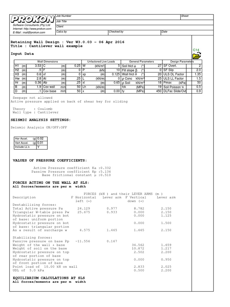 Retaining Wall Design To Prokon | PDF | Pressure | Continuum Mechanics