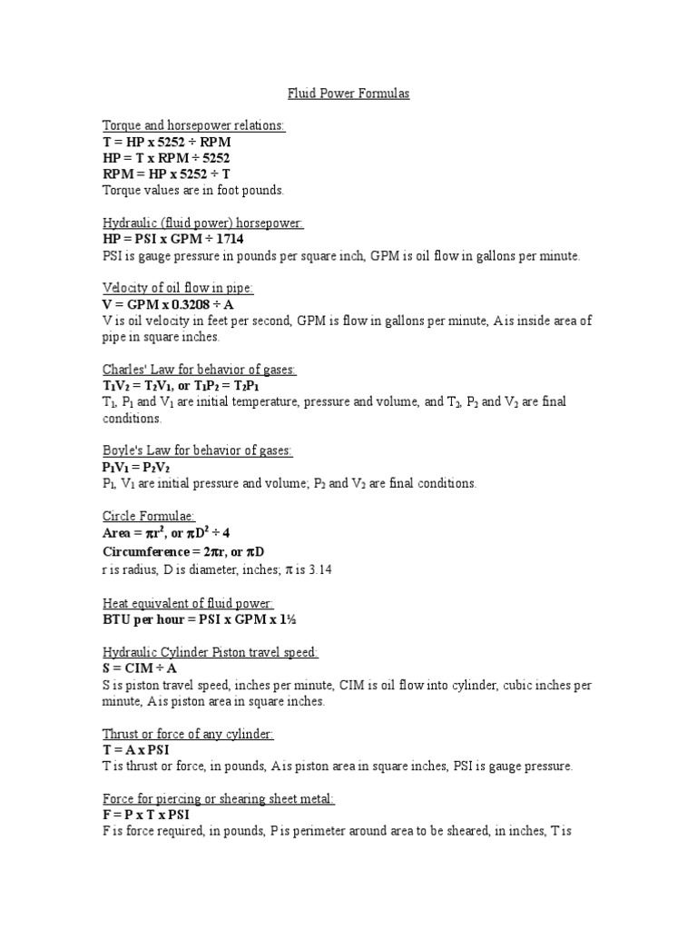Fluid Power Formulas | PDF | Horsepower | Torque