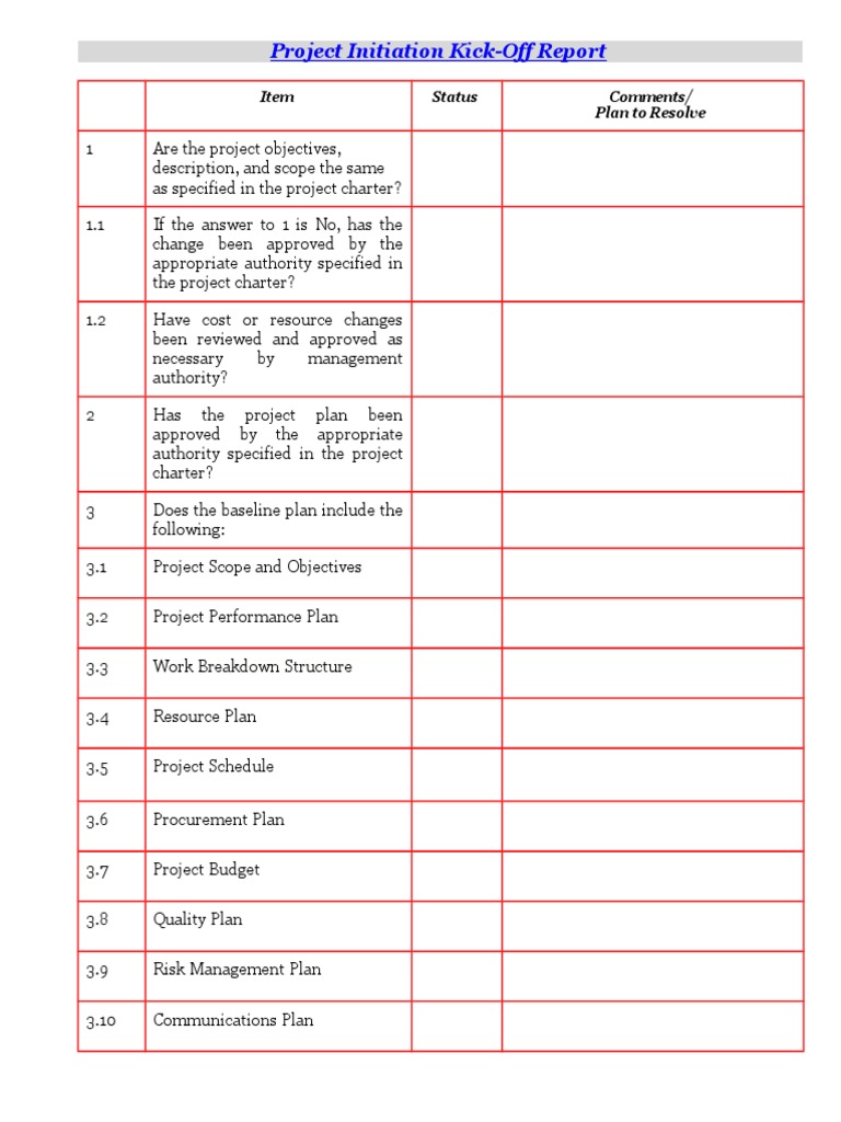 Project Initiation Kick-Off Report: Item Status Comments/ Plan To ...