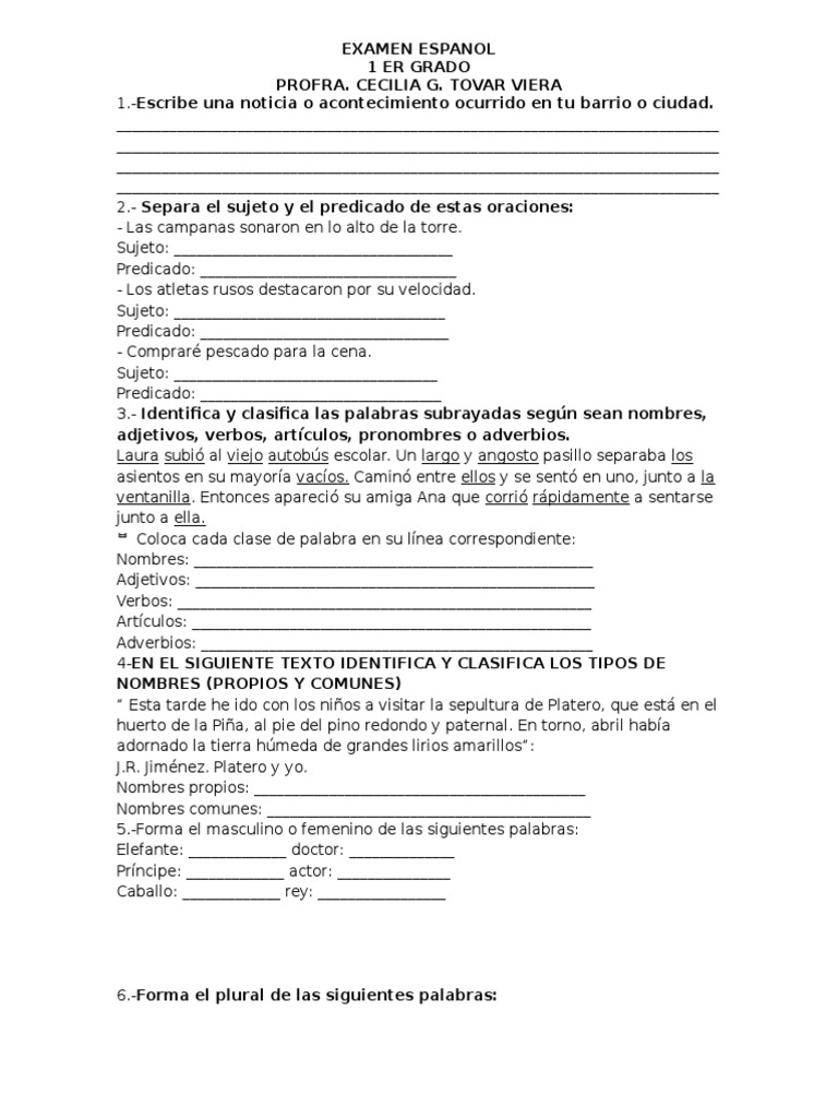 Examen Espanol 1er Grado | PDF | Política | Viajes y turismo