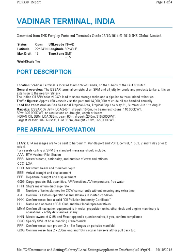 Vadinar Essar Terminal | PDF | Oil Tanker | Port
