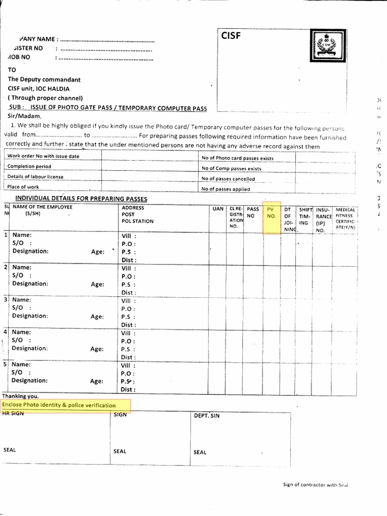 CISF Gate Pass and PV Format | PDF