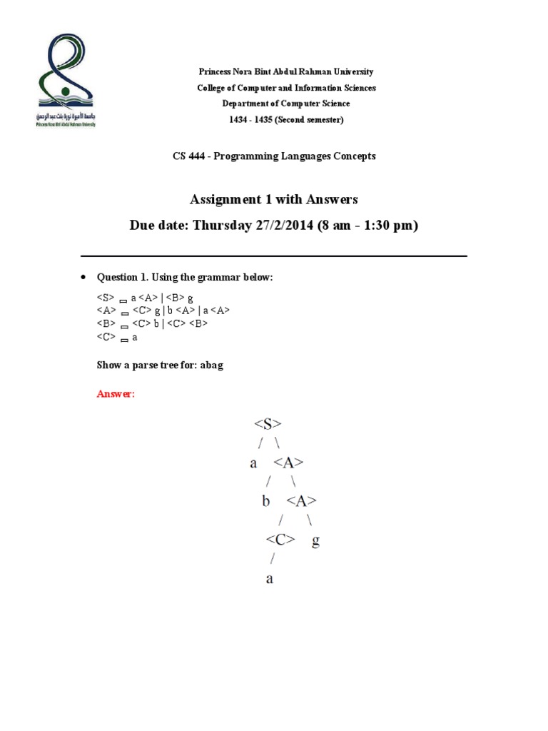 Assignment 1 Answers | PDF | Parsing | Question