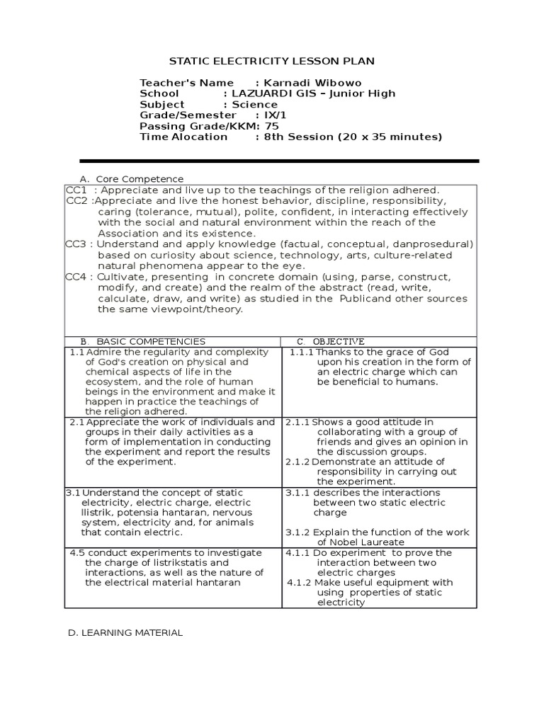 Grade 8 Static Electricity Lesson Plan | PDF | Electric Charge | Lightning