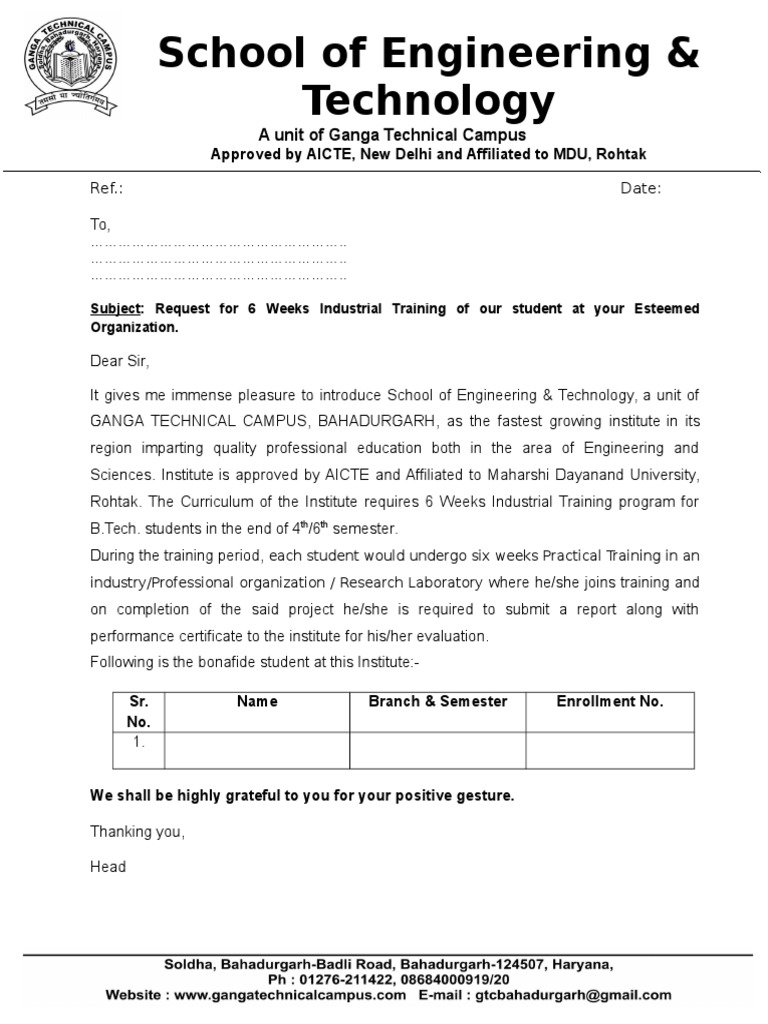Training Letter Format For B.tech | PDF