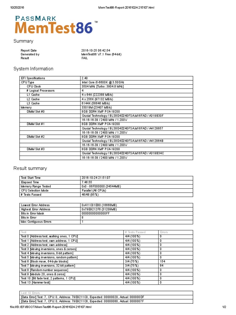 MemTest86 Memory Test Report: Fail | PDF | Computers