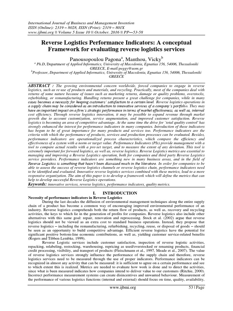 Reverse Logistics Performance Indicators: A Conceptual Framework For Evaluating Reverse ...