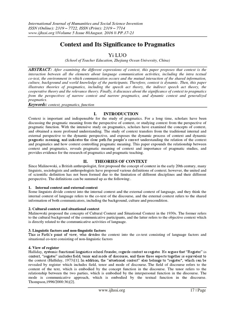 Context and Its Significance To Pragmatics | PDF | Communication | Discourse