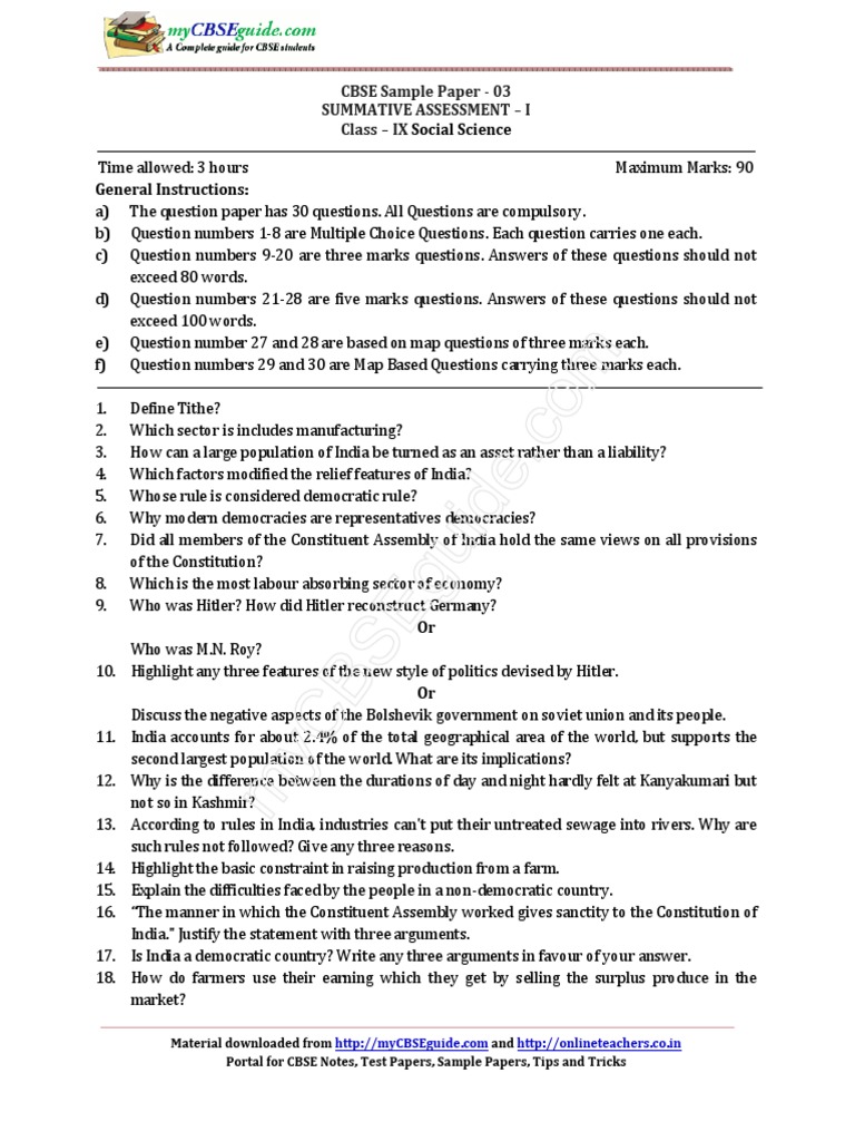 CBSE Sample Paper - 03 Summative Assessment - I Class IX Social Science | PDF | Democracy ...