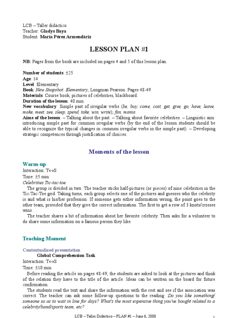Lesson Plan: Simple Past with Celebrities | PDF | Reading Comprehension ...