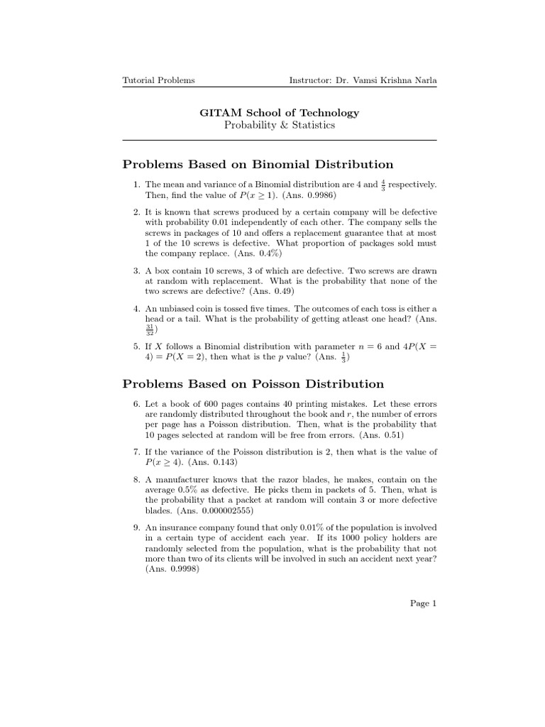 Problems Based on Probability Distributions: Tutorial Problems on ...