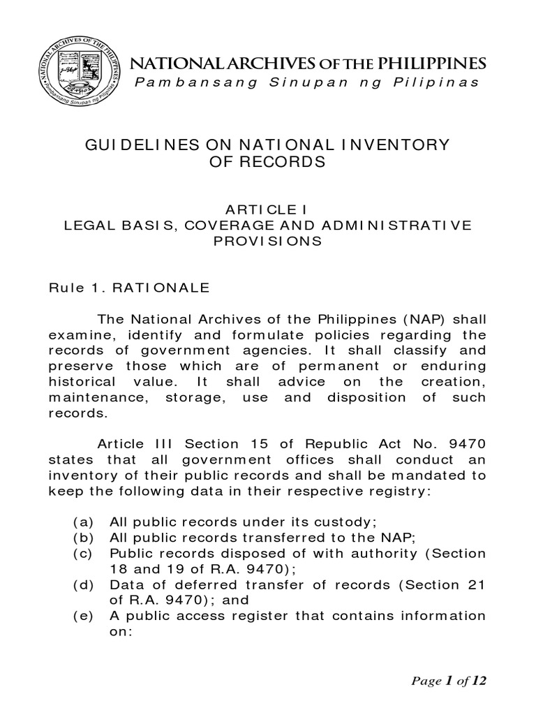Guidelines On National Inventory of Records | PDF | Records Management | Public Sphere
