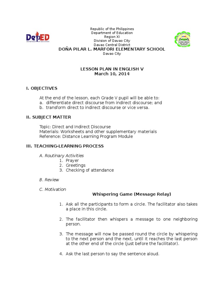 Lesson Plan: Direct & Indirect Discourse | PDF | Lesson Plan | Teaching