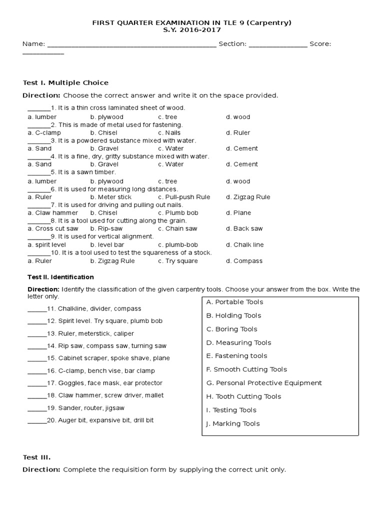TLE 9 First Quarter Exam Review | PDF | Lumber | Manmade Materials