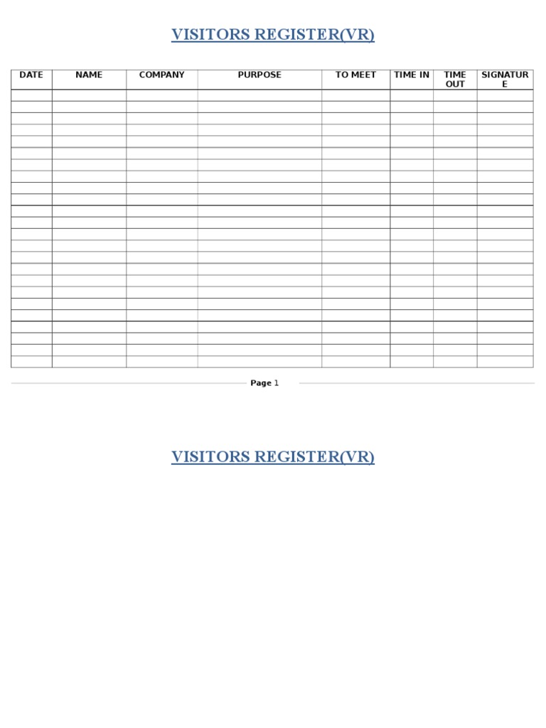 Visitors Register (VR) : Date Name Company Purpose To Meet Time in Time ...