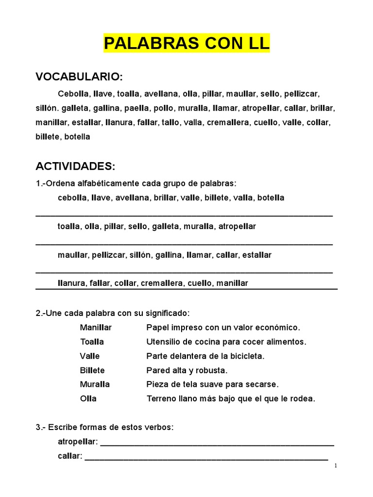 Palabras Con LL | PDF | Cocina europea | Comida regional y étnica