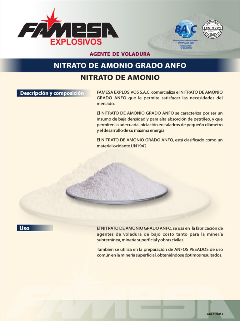 Nitrato de Amonio Grado ANFO | PDF | Material explosivo | Nitrato
