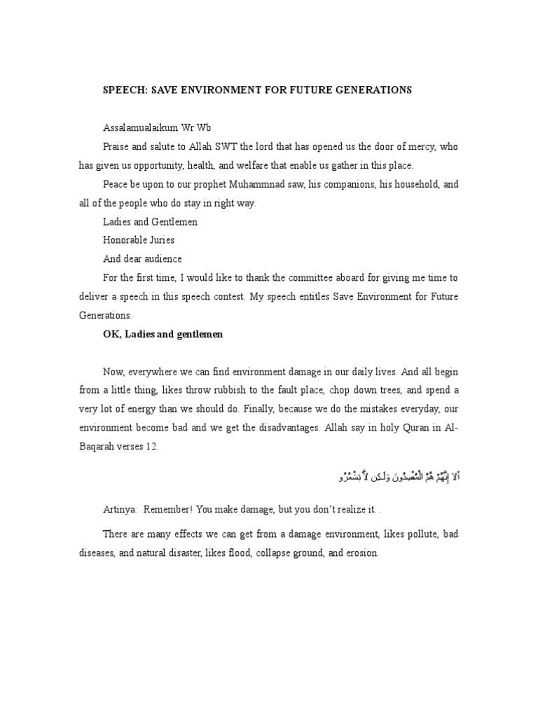 Speech: Save Environment For Future Generations | PDF