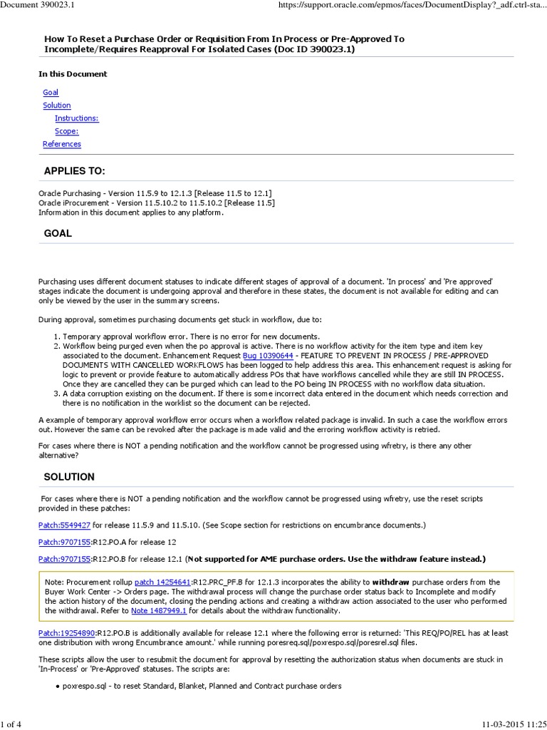 Reset PO or REQ Form in Process or Pre Approved To Incomplete Doc Id ...