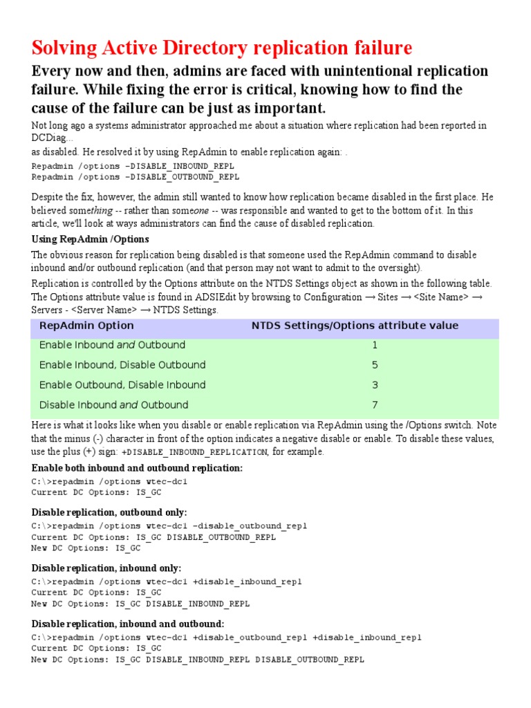 Solving Active Directory Replication Failure | PDF | Active Directory ...