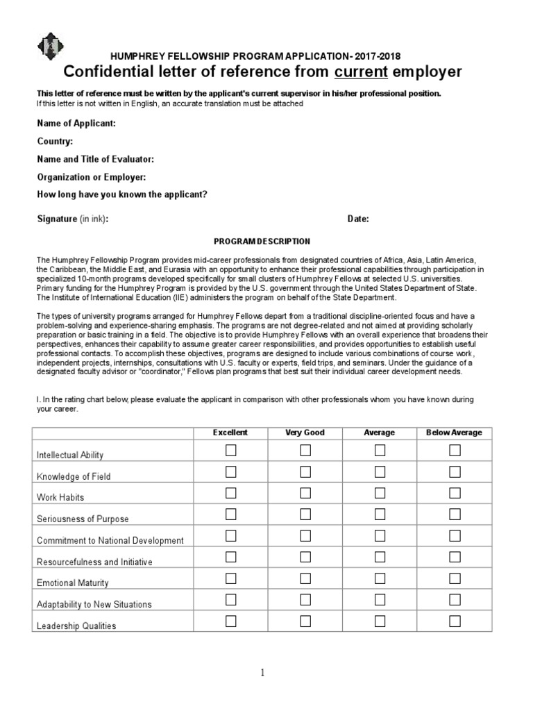 Letter of Reference - Hubert H Humphrey Fellowship Program | PDF ...