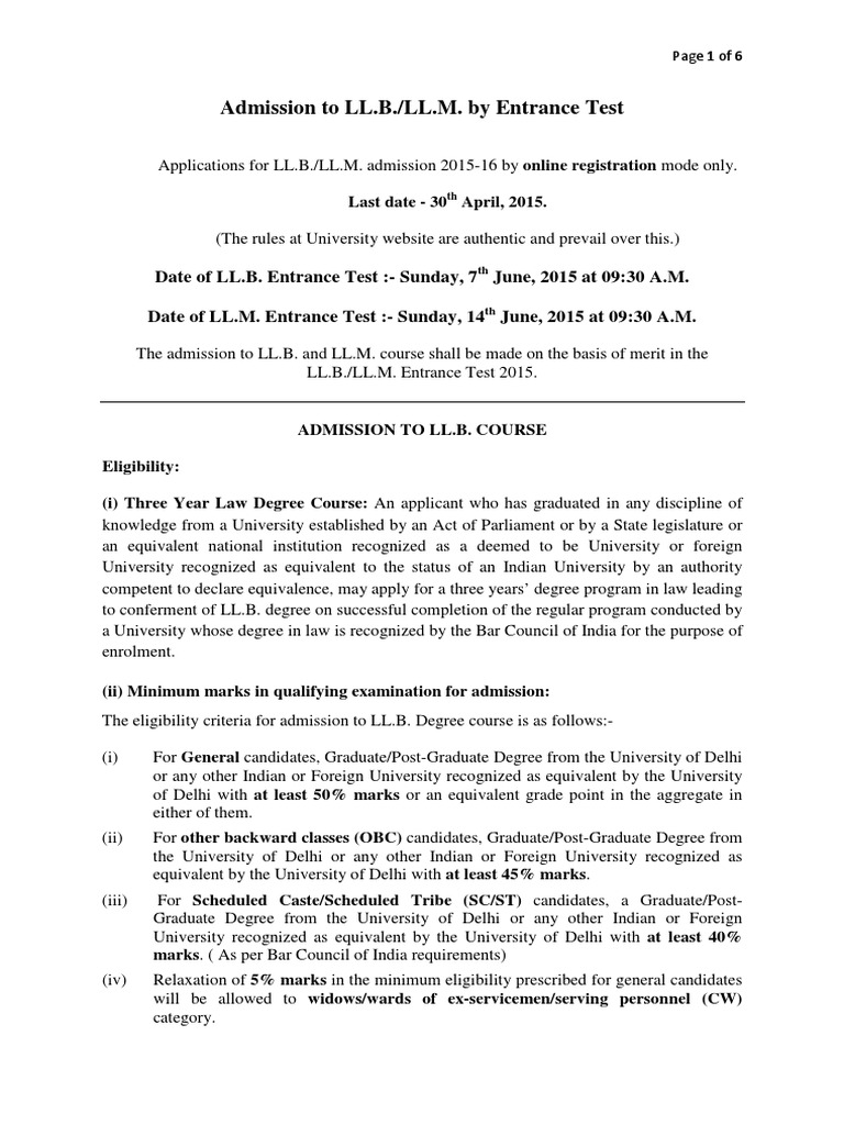 Admission To LL.B./LL.M. by Entrance Test | PDF | University And ...