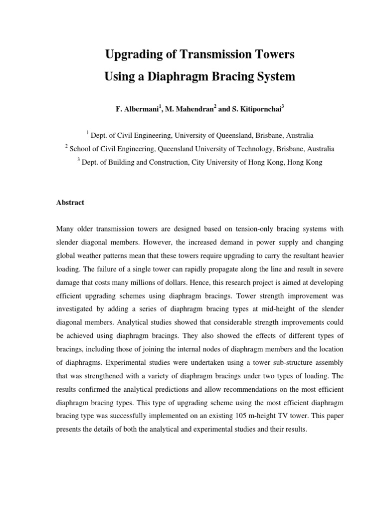 Upgrading of Transmission Towers Using A Diaphragm Bracing System | PDF ...
