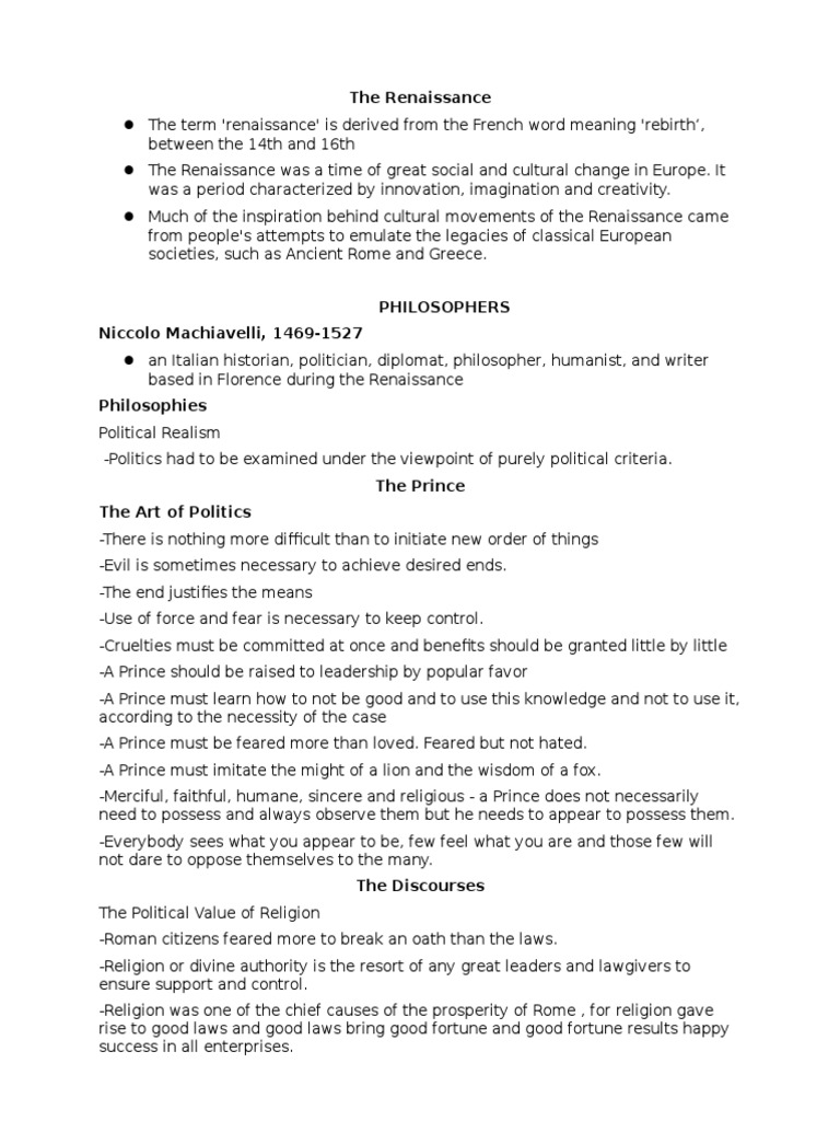 Renaissance (Notes) | PDF | Renaissance | Niccolò Machiavelli