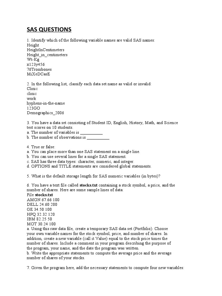 Sas Questions Pdf Sas Software Text File