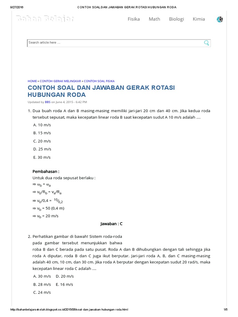 Contoh Soal Dan Jawaban Gerak Rotasi Hubungan Roda | PDF